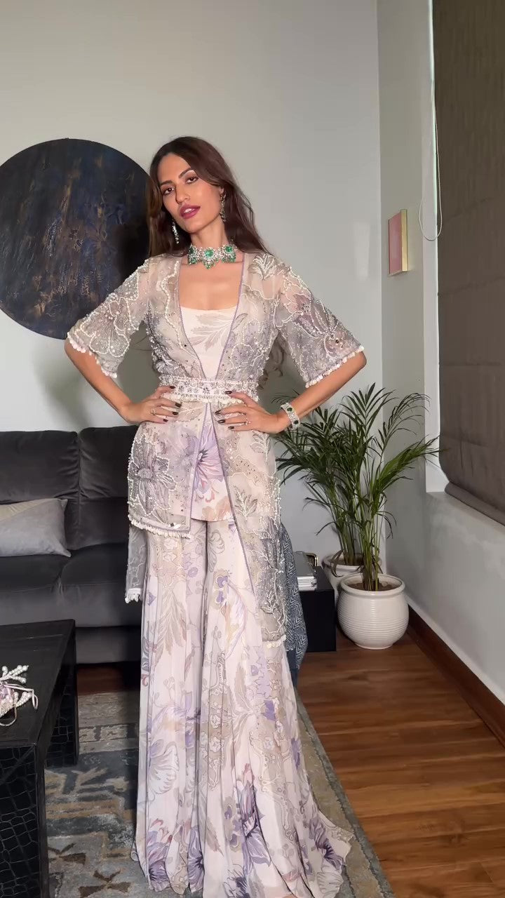 Mahnoor Embroidered Gharara Set Paired with High Low Jacket and Belt ...